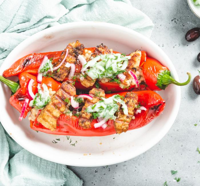 Stuffed peppers with pearl couscous and halloumi | Veggies First