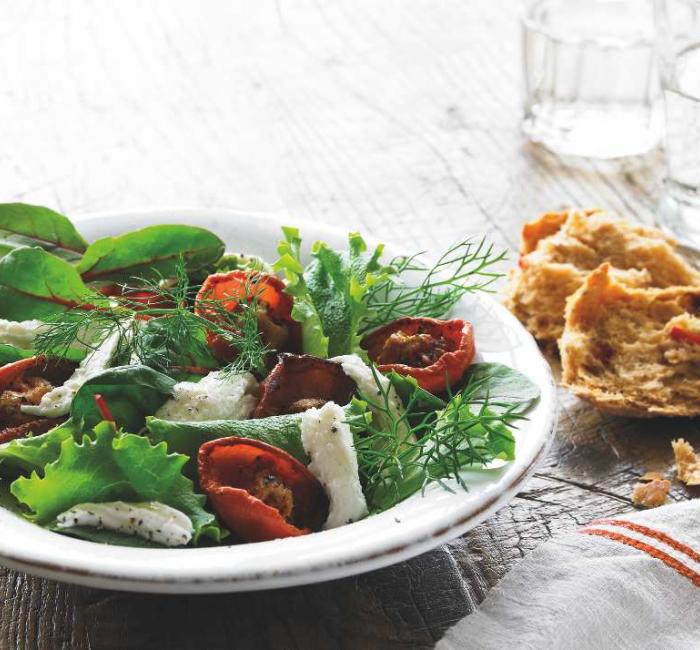 Fennel tops and sweet leaves with oven roasted tomatoes | Veggies First